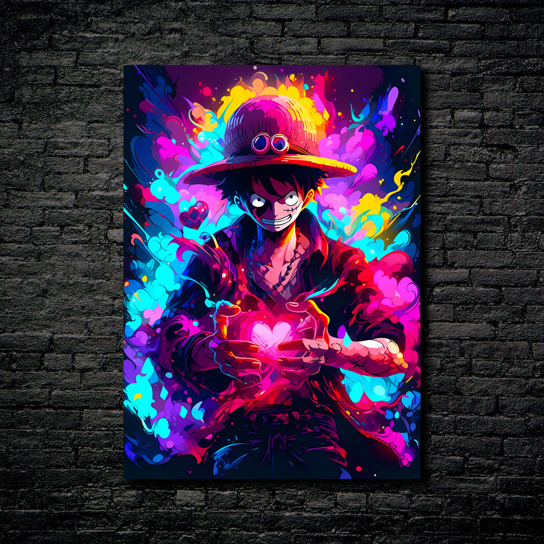 Quadro Metálico Luffy Heart IA Art Anime One Piece Full HD